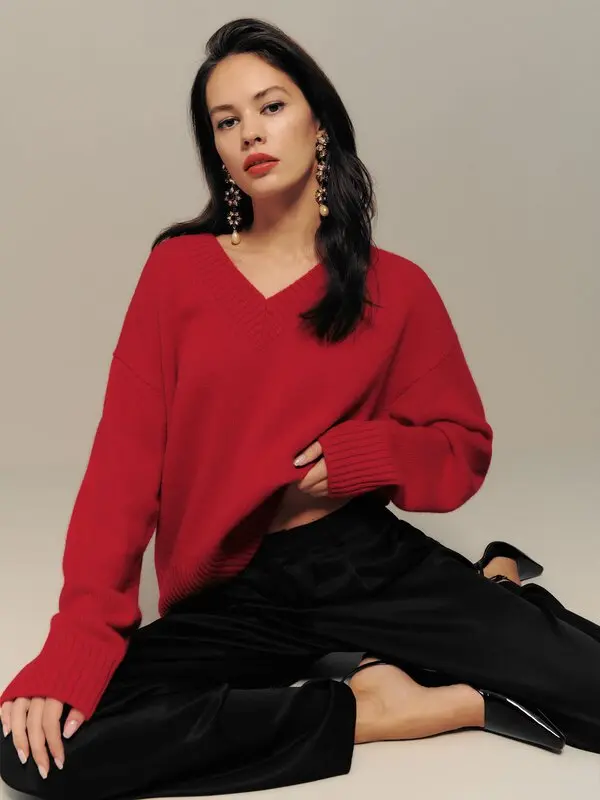 REFORMATION Jadey Oversized V-neck Cashmere Sweater - Red