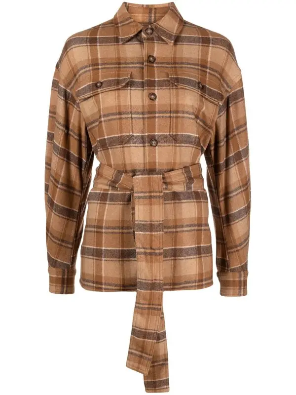 Polo Ralph Lauren Plaid Check Wool Blend Belted Shirt - Brown