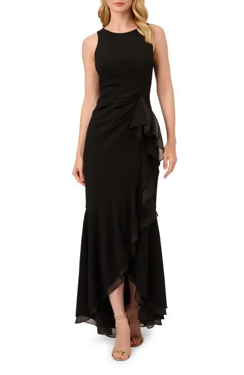 Adrianna Papell Ruffle Crepe Mermaid Gown - Black