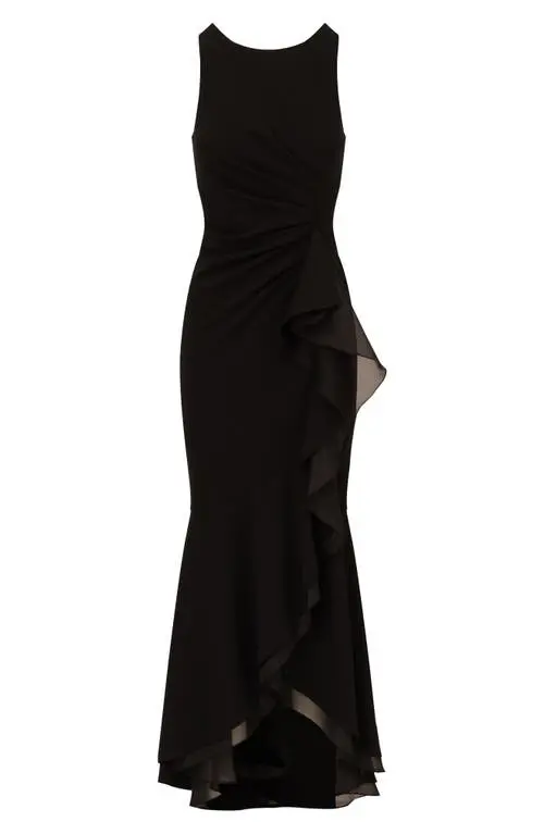 Adrianna Papell Ruffle Crepe Mermaid Gown - Black