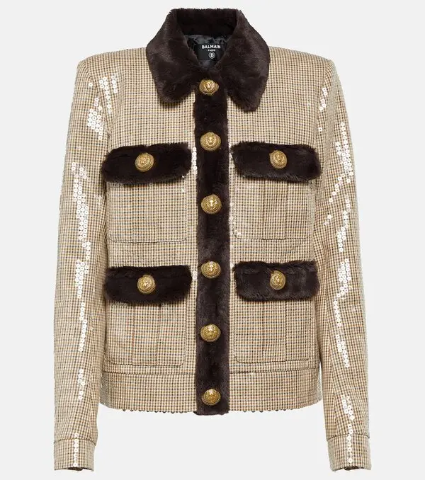 Balmain Sequined Faux Fur-trimmed Jacket - White