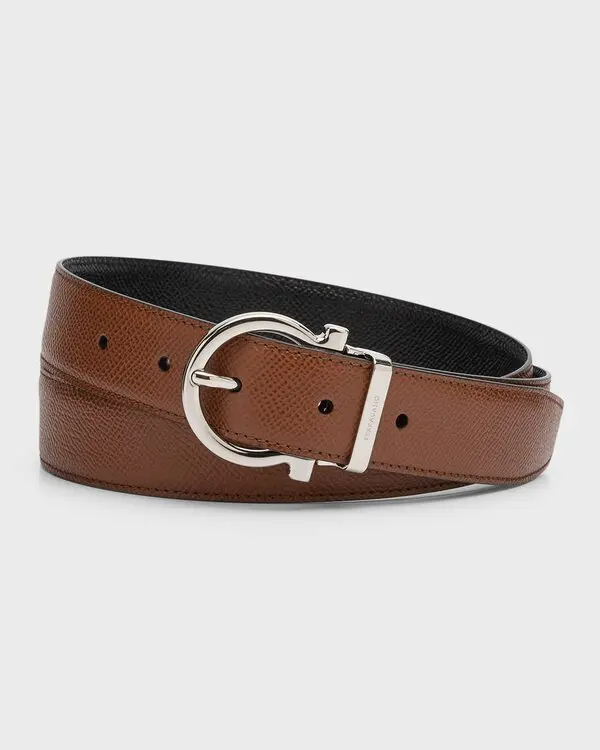 FERRAGAMO Reversible Gancio-buckle Leather Belt - Radica/nero