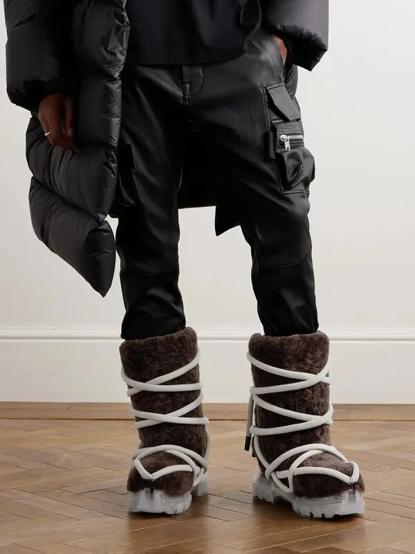 Rick Owens Lunar Tractor Leather-Trimmed Shearling Boots In Brown