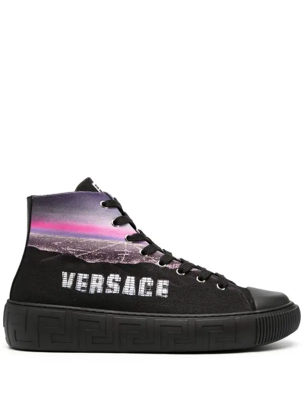 Versace High Top Graphic Print Lace-up Sneakers - Black