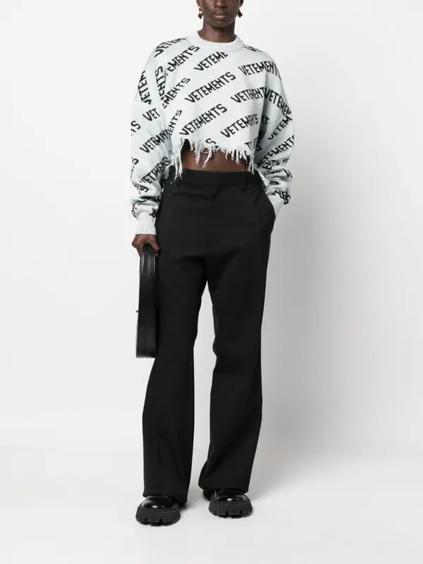 Vetements Frayed-hem Intarsia-knit Jumper - Silver