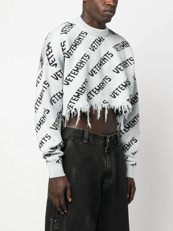Vetements Frayed-hem Intarsia-knit Jumper - Silver