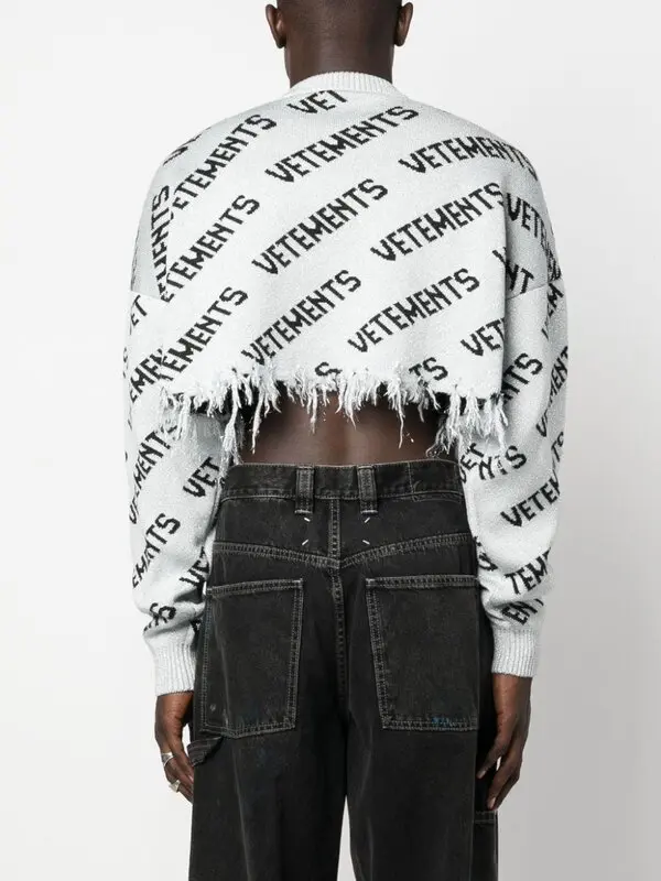 Vetements Frayed-hem Intarsia-knit Jumper - Silver