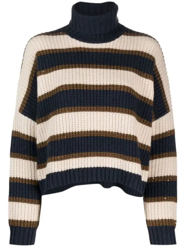 Brunello Cucinelli Striped Roll-neck Waffle-knit Jumper - Blue