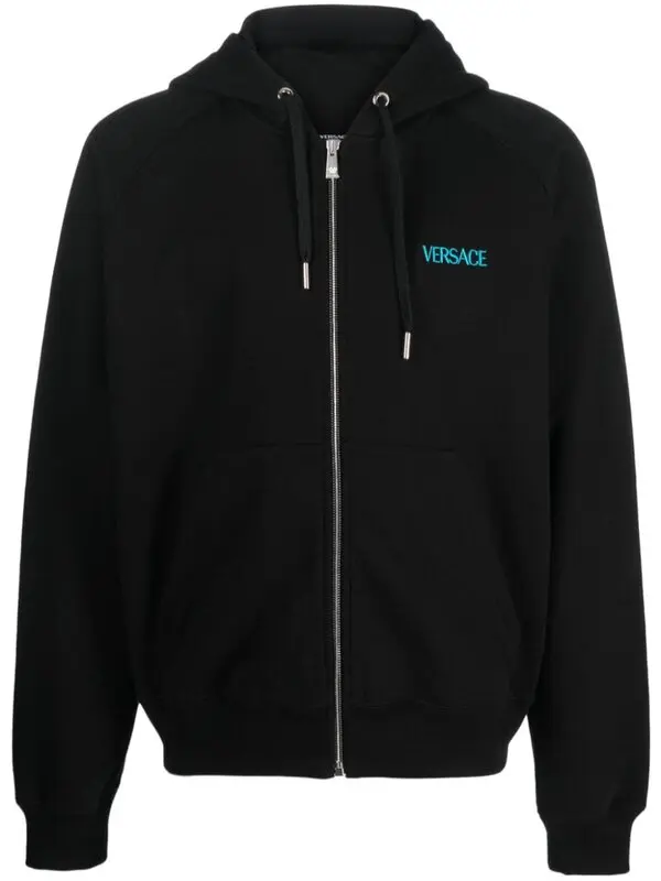 Versace Embroidered-city Lights Zip-up Hoodie - Black