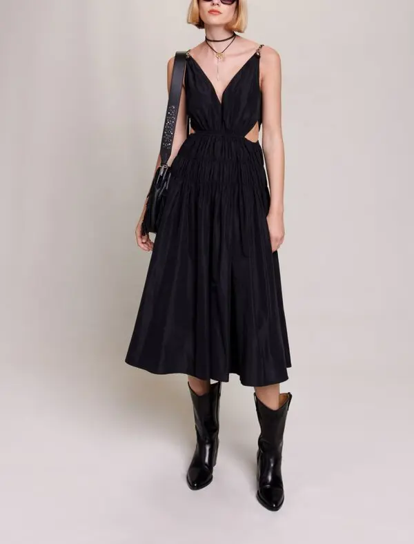 Maje Taffeta Dress With Cut-out Waist And Braided Straps