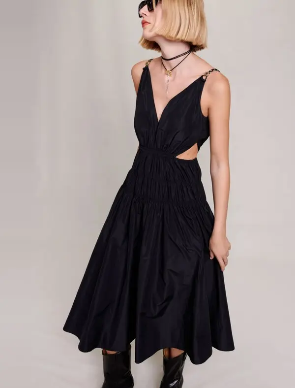 Maje Taffeta Dress With Cut-out Waist And Braided Straps