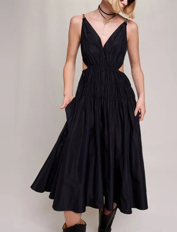 Maje Taffeta Dress With Cut-out Waist And Braided Straps