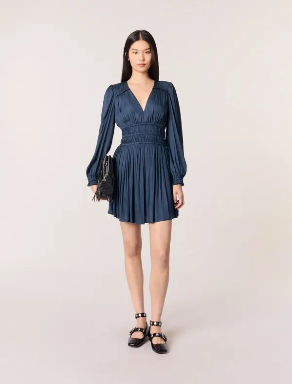 Maje Mini Satin Dress With Ruffles In Navy - 40% Off | Editorialist