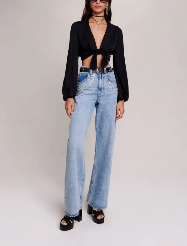 Maje Satin Tie-front Shirt - Black