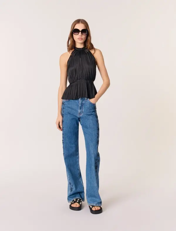 Maje Pleated Satin Halter Top - Black