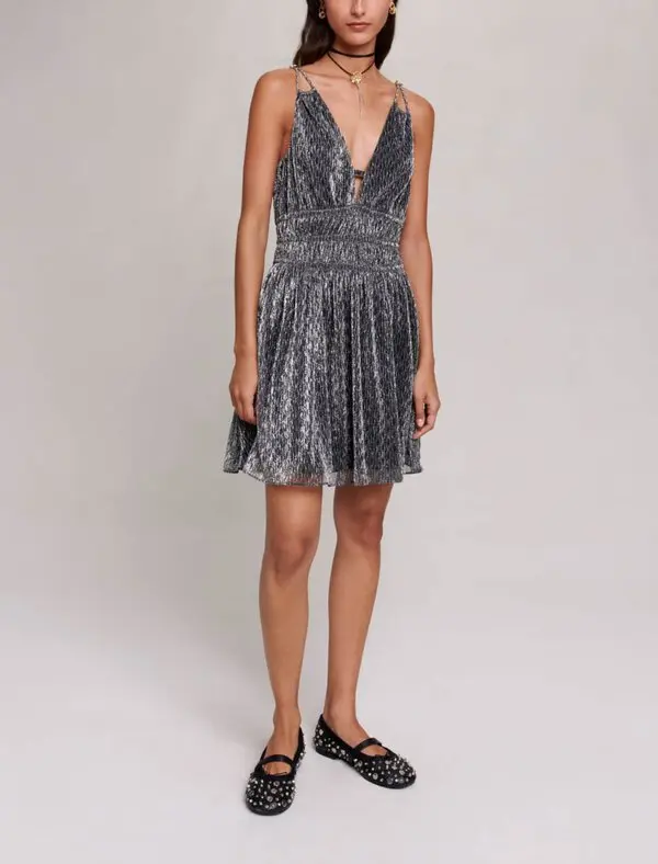 Maje Metallic Plunge Neck Flared Mini Dress With Braided Straps