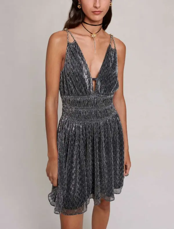Maje Metallic Plunge Neck Flared Mini Dress With Braided Straps