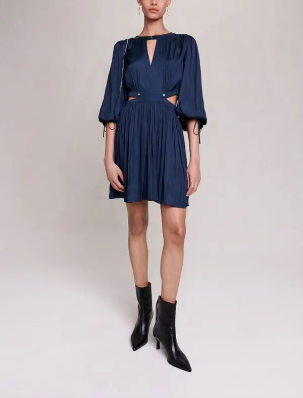 Maje Short Satin Dress With Pleated Skirt And Cut-out Details
