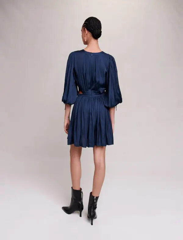 Maje Short Satin Dress With Pleated Skirt And Cut-out Details