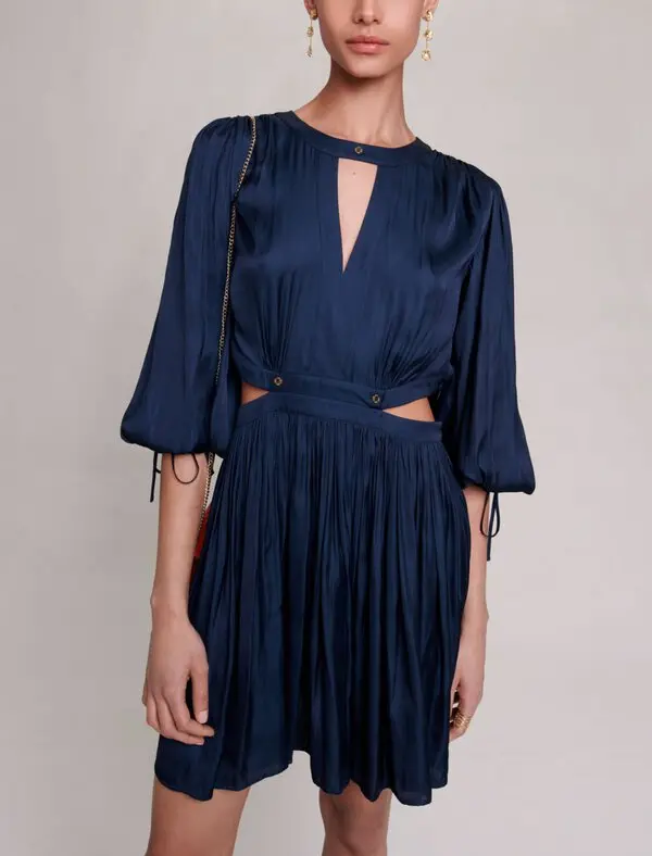Maje Short Satin Dress With Pleated Skirt And Cut-out Details