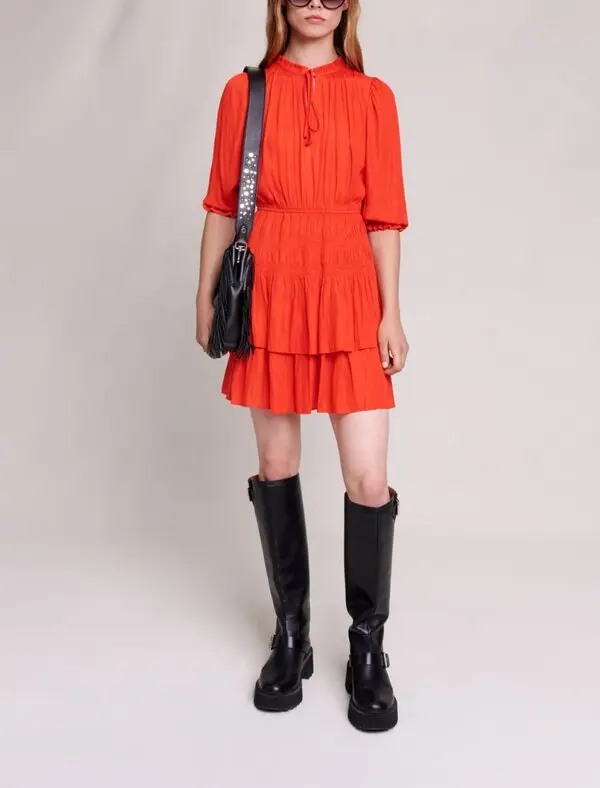 Maje Short Satin Smocked Dress - Red Poppy