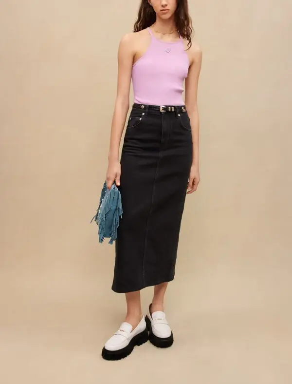 Maje High-waist Denim Maxi Skirt With Back Slit - Black