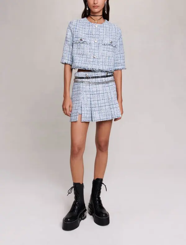 Maje Short Pleated Skirt With Metallic Fibres - Light Blue