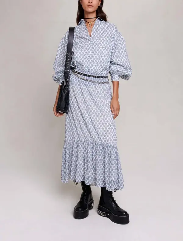 Maje Long Asymmetric Skirt - Clover Monogram Ecru/blue