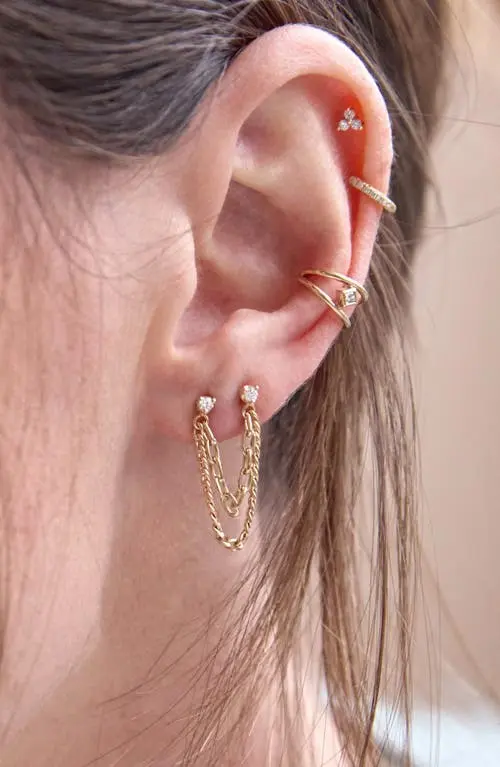 Zoe Chicco Diamond And Chain Double Stud Earring