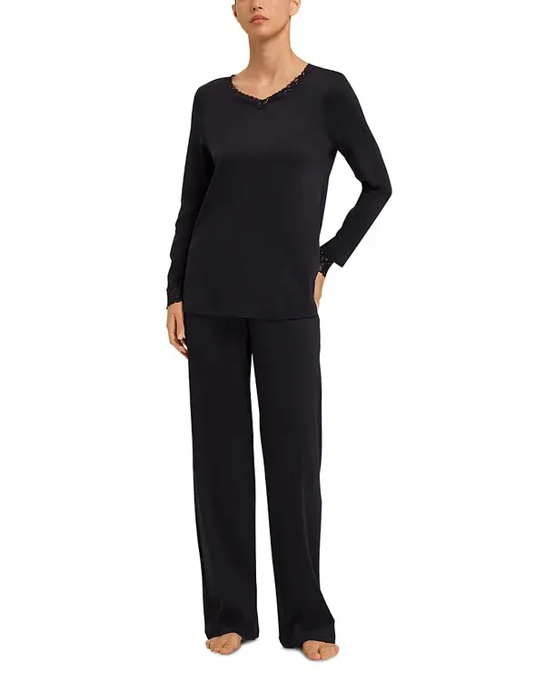 Hanro Moments Cotton Lace Trim Pajamas Set - Black