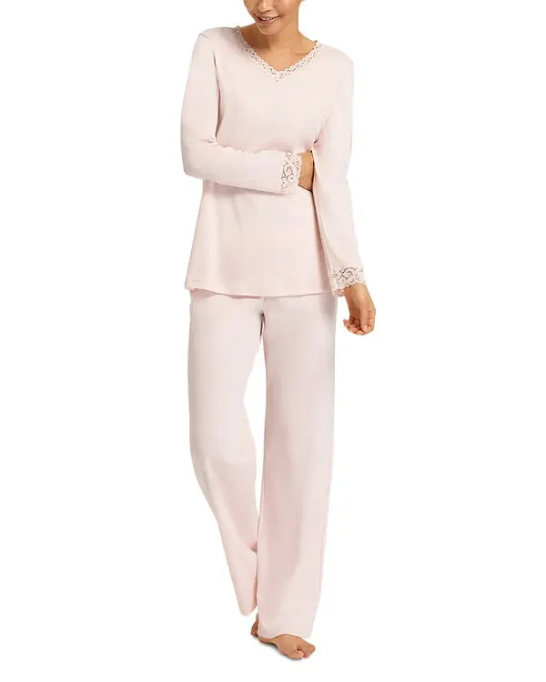 Hanro Moments Cotton Lace Trim Pajamas Set - Crystal Pink