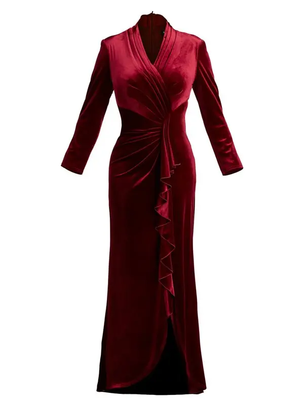 Tadashi Shoji Plus Velvet Ruffle-front Gown - Pomegranate