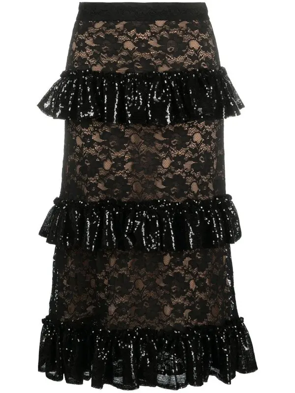 Elie Saab Sequin-embellished Lace Tiered Skirt - Black