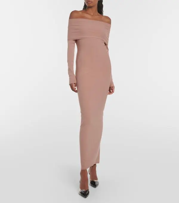 Alaïa Off-shoulder Jersey Midi Dress - Beige