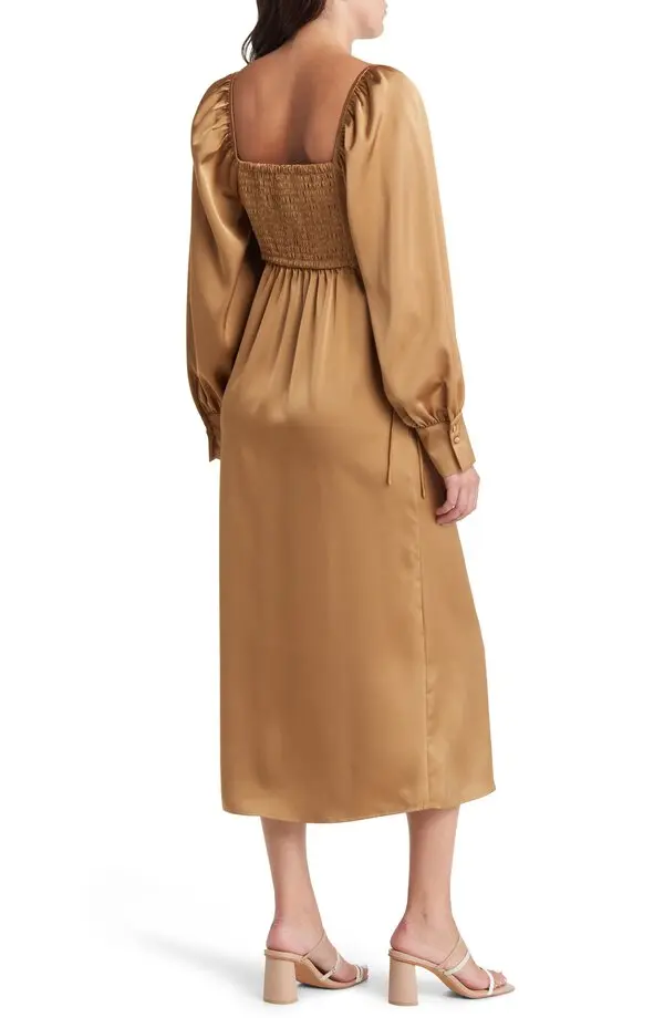 Moon River Cutout Long Sleeve Satin Midi Dress