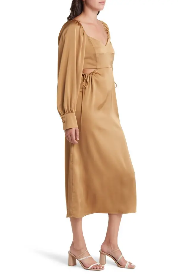 Moon River Cutout Long Sleeve Satin Midi Dress