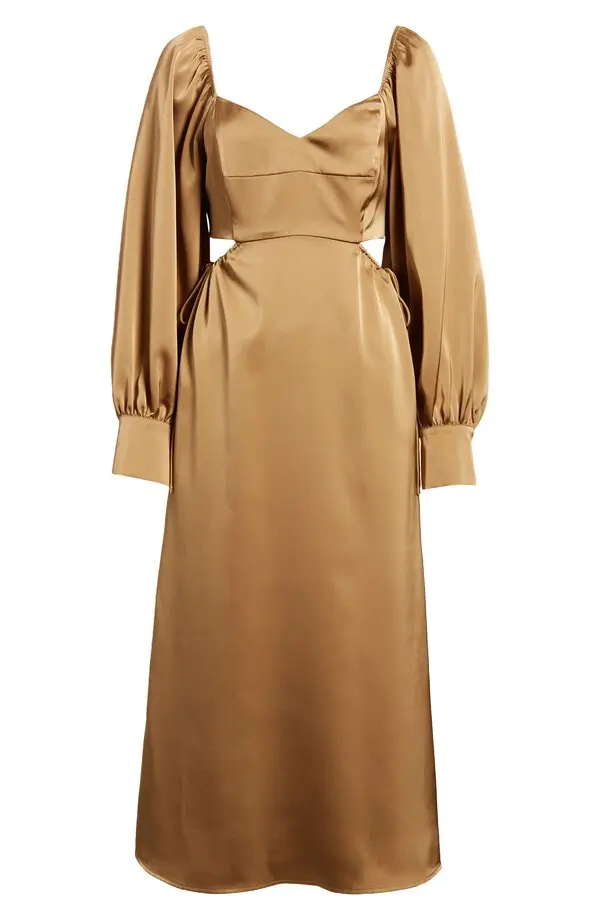 Moon River Cutout Long Sleeve Satin Midi Dress