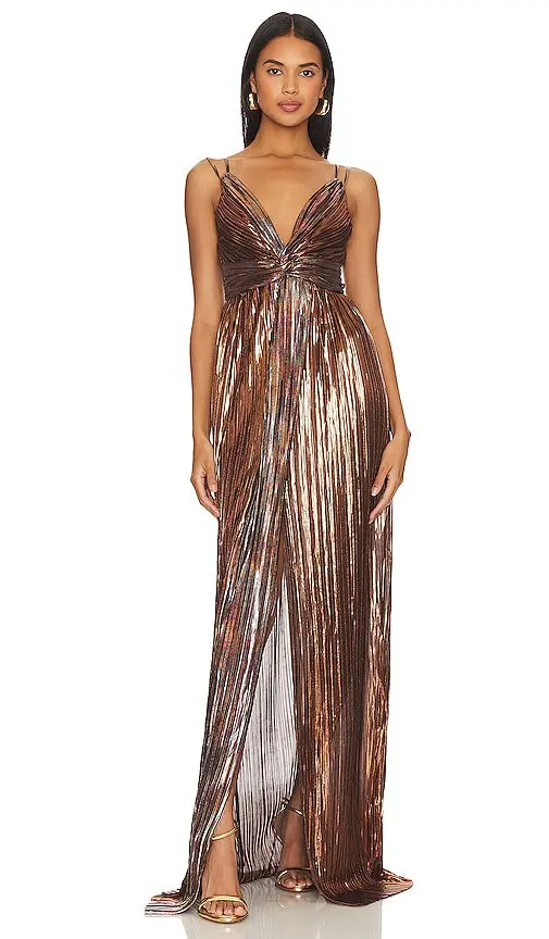 knee length dresses for ladies Mac Duggal One-Shoulder Metallic Ball Gown - Antique Bronze main image 1