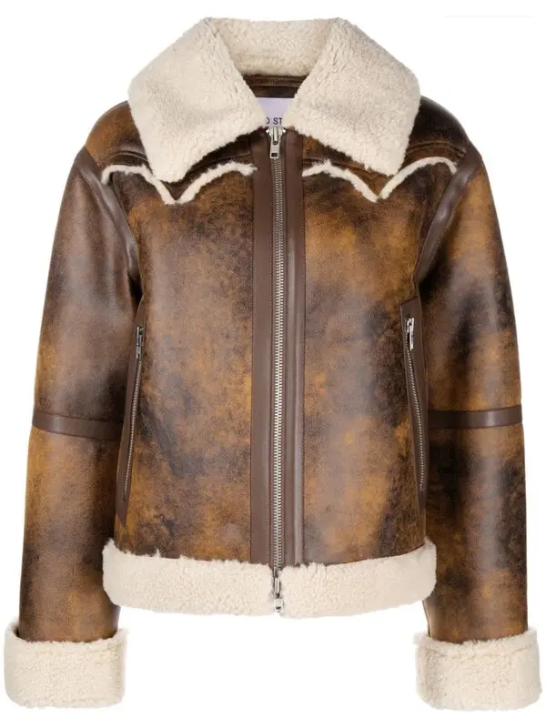 STAND STUDIO Faux-shearling Trim Zip-up Jacket - Brown