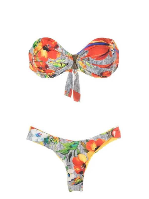 AMIR SLAMA Hibiscus Print Bandeau Bikini Set - Multicolour