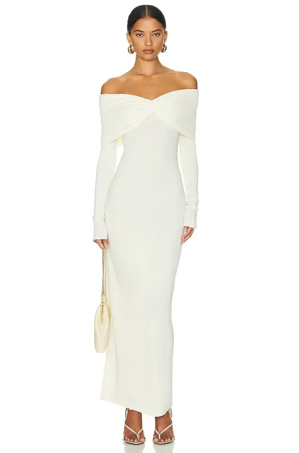 HELSA Matte Jersey Off Shoulder Maxi Dress - Ivory