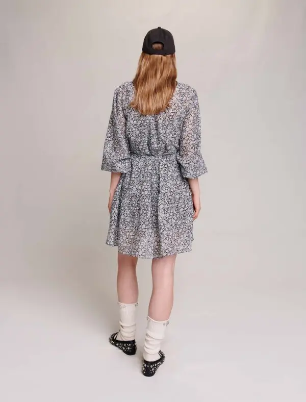 Maje Short Floral Print Dress With Puffed Sleeves