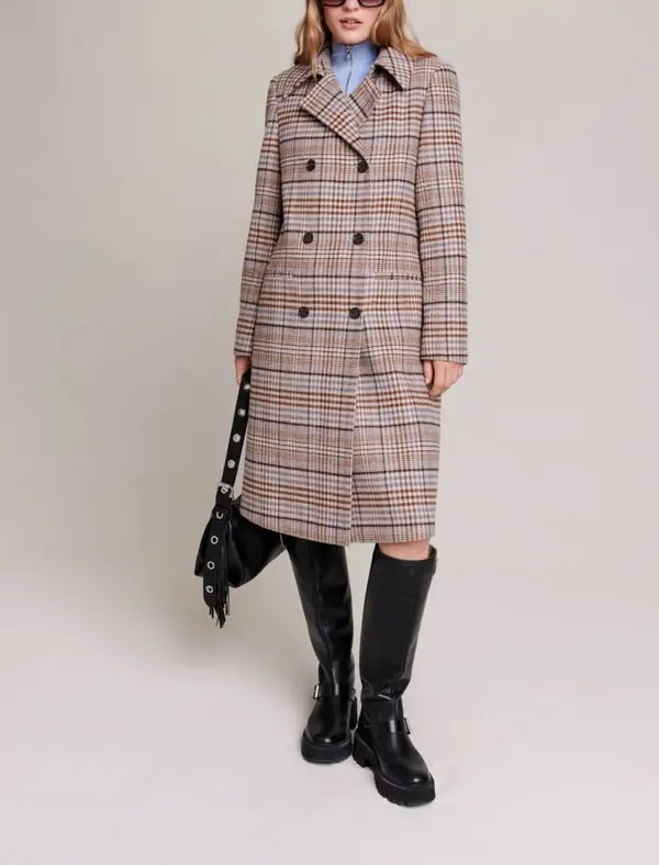 Maje Checked Double Breasted Long Coat