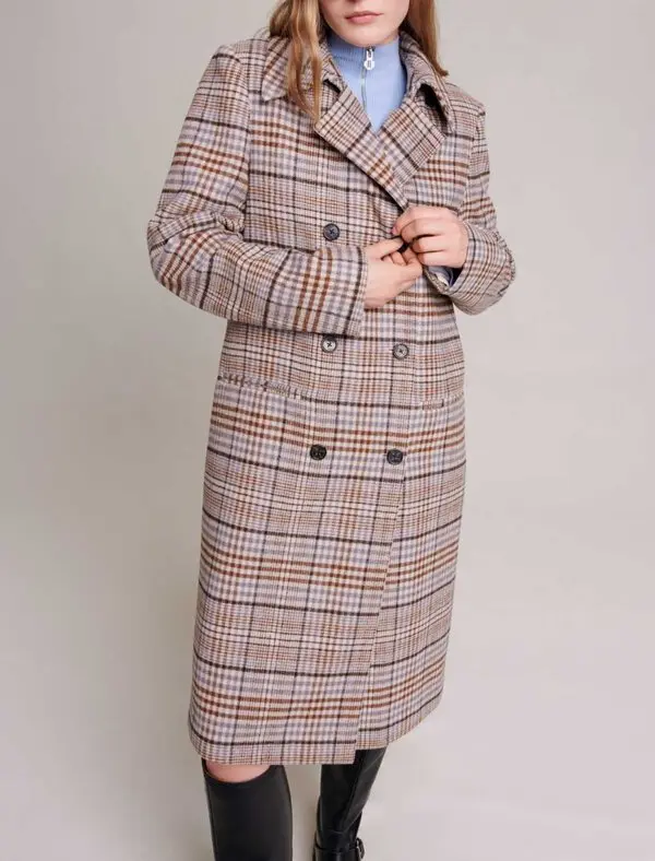 Maje Checked Double Breasted Long Coat