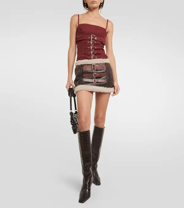 Blumarine Shearling-trimmed Leather Miniskirt