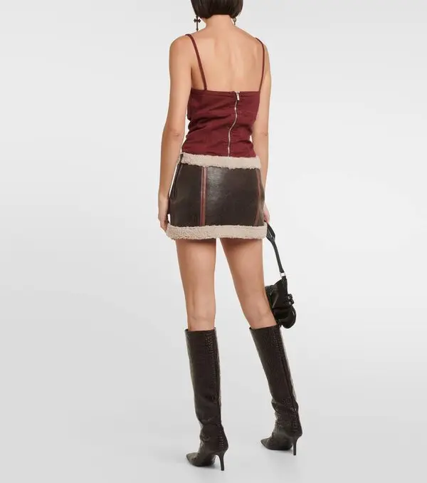 Blumarine Shearling-trimmed Leather Miniskirt