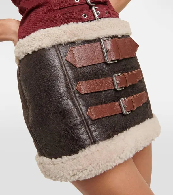 Blumarine Shearling-trimmed Leather Miniskirt