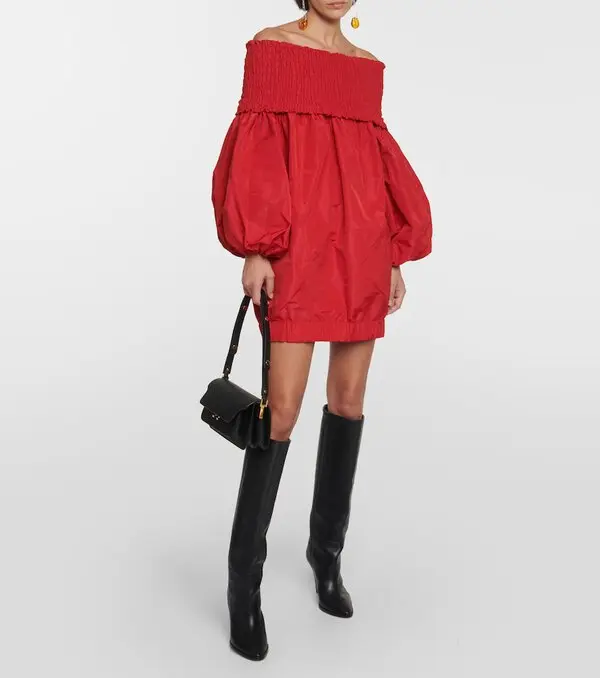 PATOU Smocked Off-shoulder Crêpe Minidress - Red