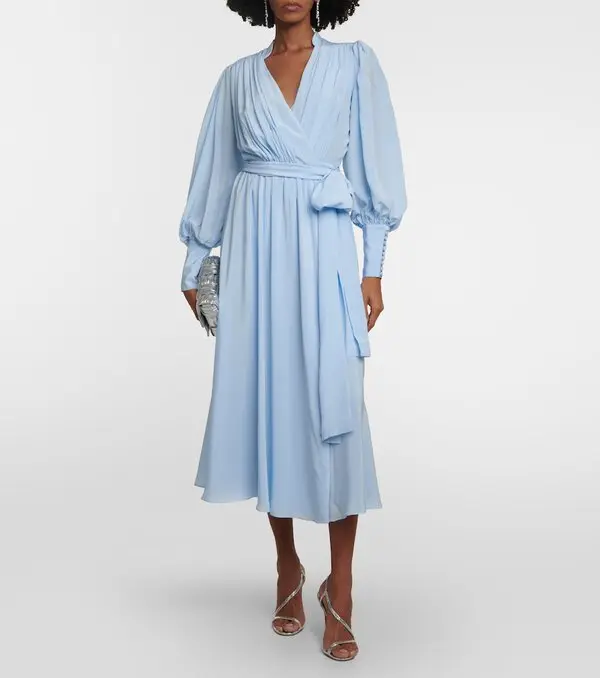 Costarellos Draped Silk Midi Dress