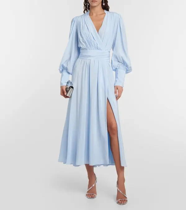 Costarellos Draped Silk Midi Dress